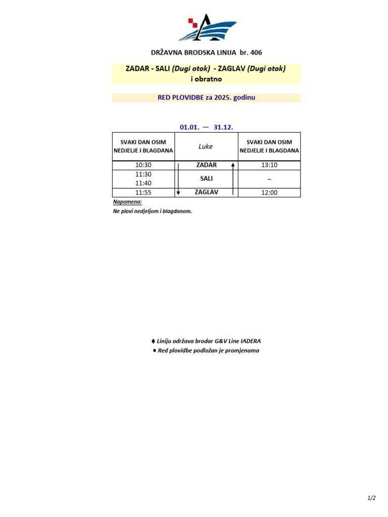 ZADAR - SALI (Dugi Otok) - ZAGLAV (Dugi Otok) I Obratno: Državna Brodska Linija Br. 406 | PDF
