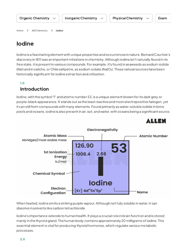 Iodine - Preparation, Properties and Uses | PDF | Iodine | Chlorine