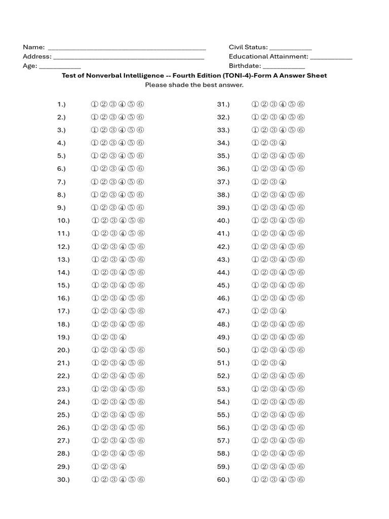 TONI4 Answer Sheet 2 | PDF