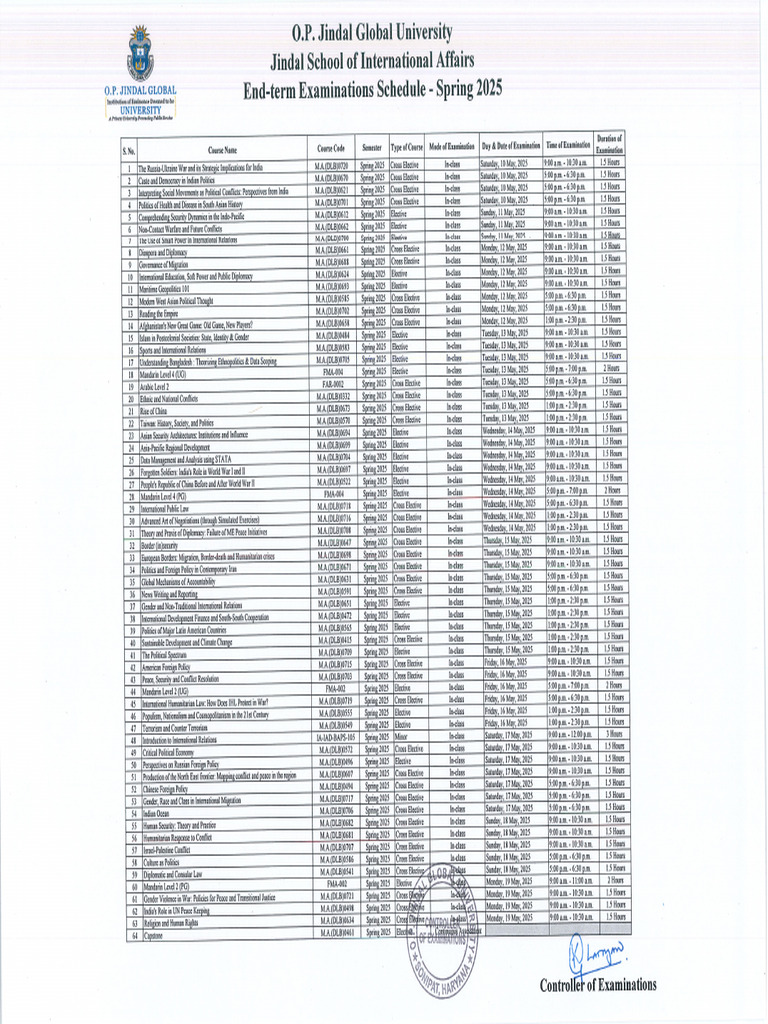 JSIA - End-Term Examinations Schedule For Elective Courses - Spring ...