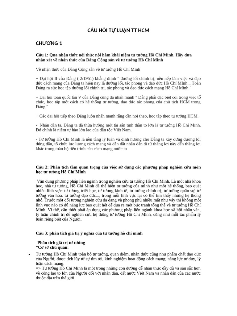 CÂU HỎI TỰ LUẬN TT HCM | PDF
