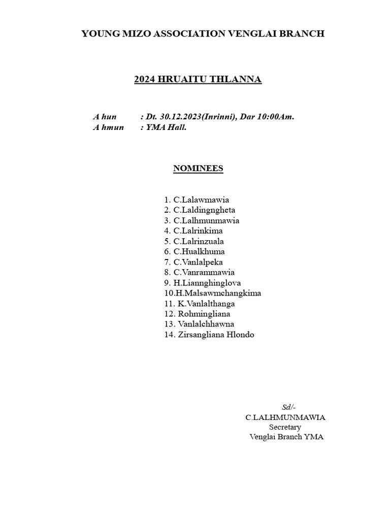 Young Mizo Association Venglai Branch: A Hun: Dt. 30.12.2023 (Inrinni), Dar 10:00am. A Hmun: YMA ...