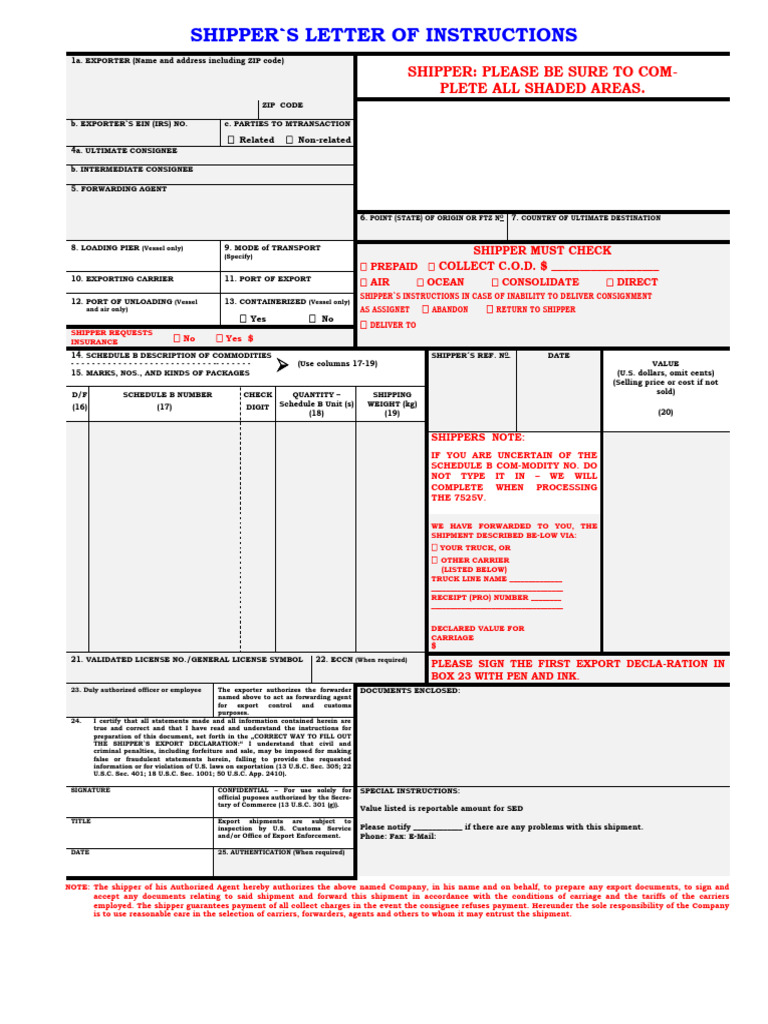 Shipper's Letter of Instructions Template | PDF | Freight Transport ...