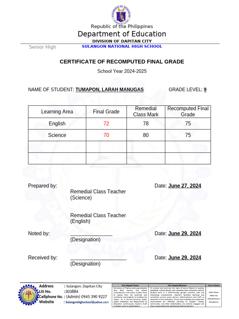 Certificate of Recomputed Final Grade | PDF
