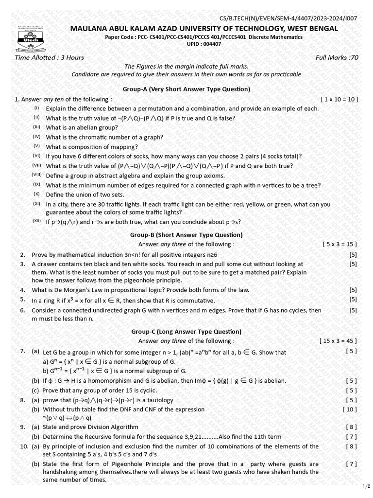 Discrete Math Question Paper 2024 | PDF | Vertex (Graph Theory ...
