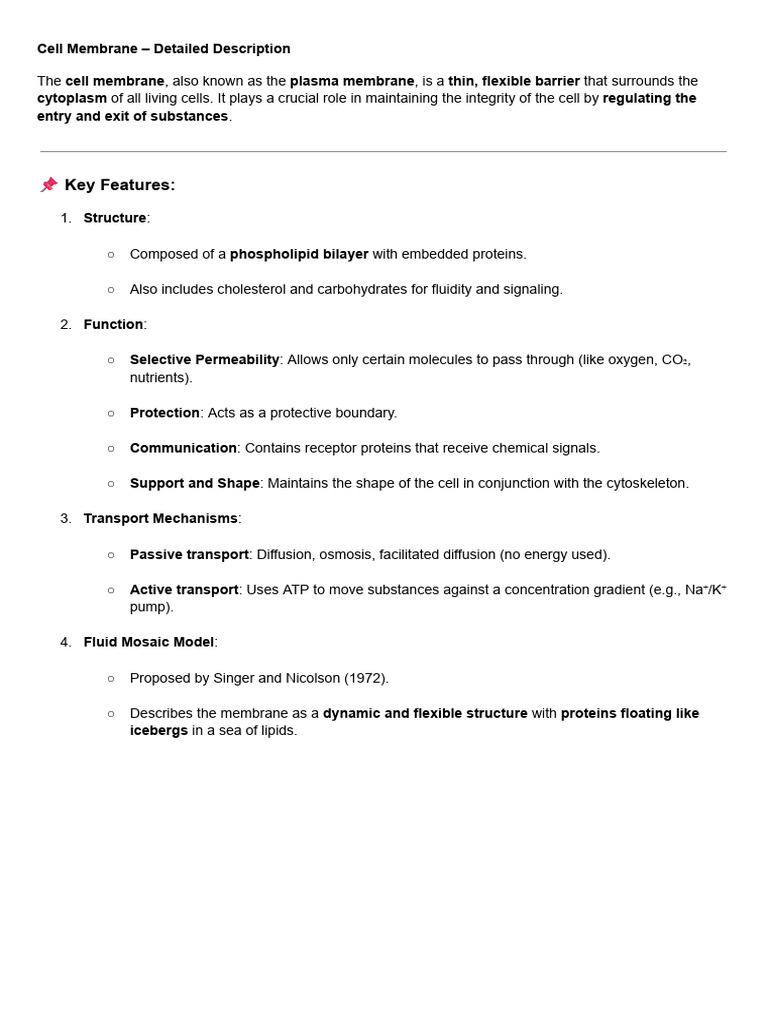 Cell Membrane – Detailed Description | PDF