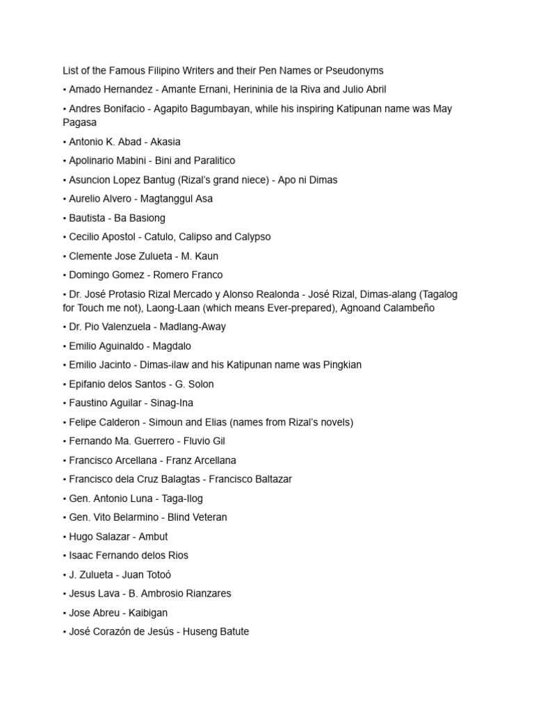 Famous Filipino Writers and Their Pen Names or Pseudonyms | PDF