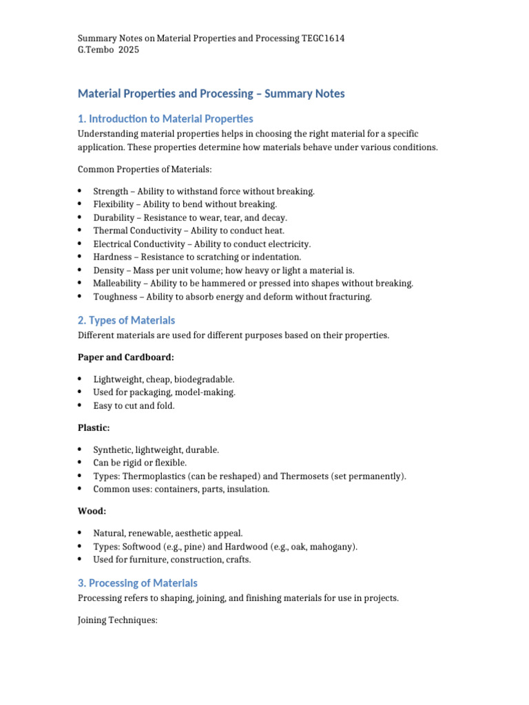 Material Properties and Processing Notes | PDF | Pulp (Paper) | Paper