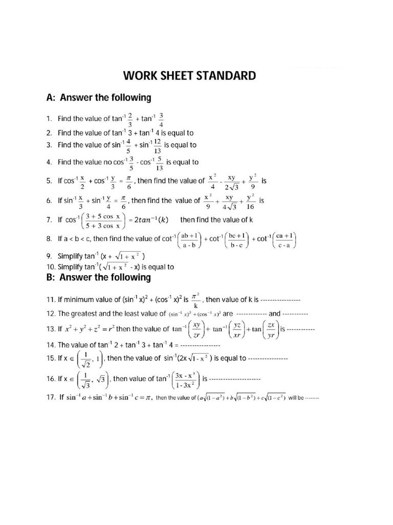 Inverse Trigonometric Function Standard Worksheet | PDF