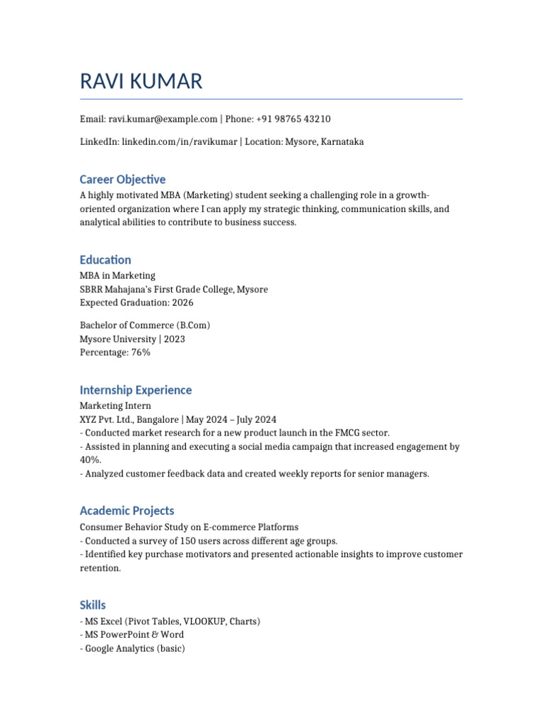MBA Placement Resume Ravi Kumar | PDF