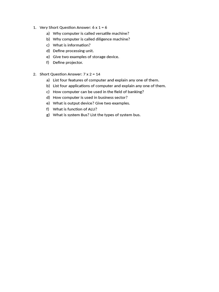 Very Short Question Answer | PDF