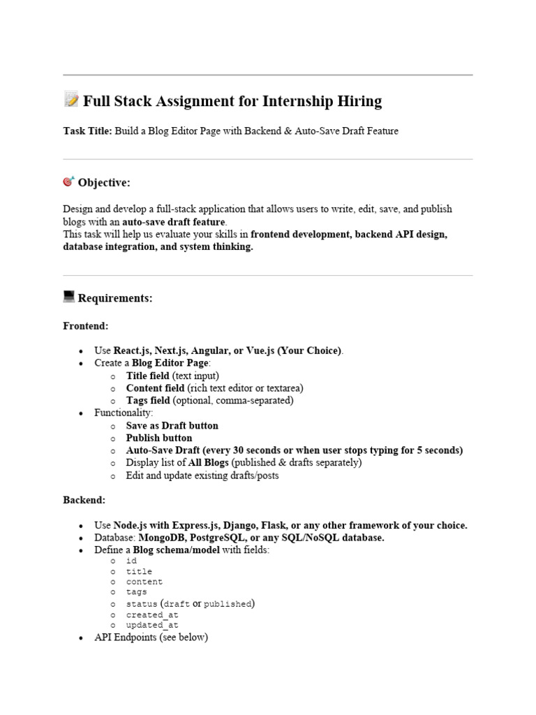 Full Stack Assignment for Internship Hiring | PDF | Databases | Postgre Sql
