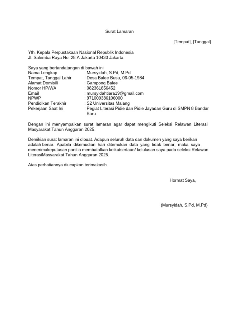 Surat Lamaran Dan Pernyataan Relawan Literasi Mursyidah | PDF