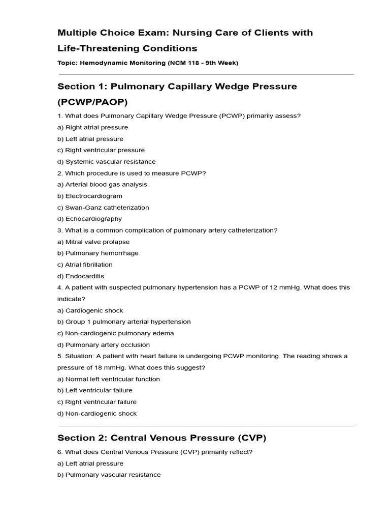 Hemodynamic Monitoring Sample Exam | PDF | Artificial Cardiac Pacemaker | Blood Pressure