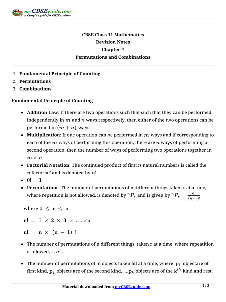 11 Maths Notes 07 Permutations and Combinations | PDF