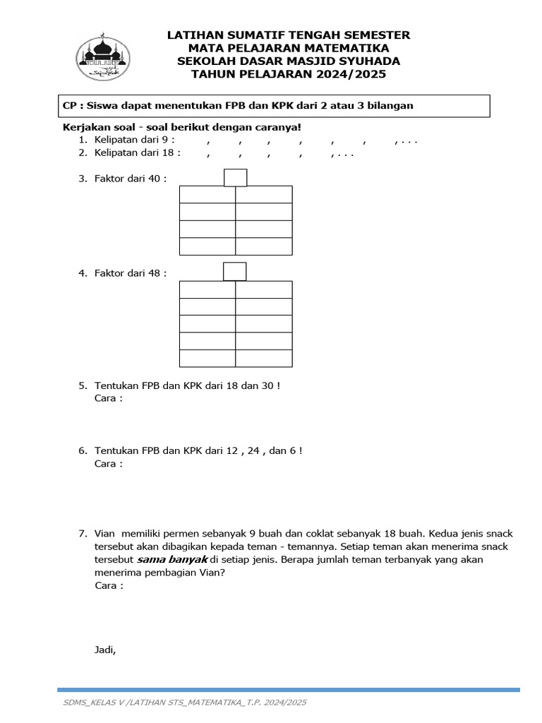 Latihan STS Matematika Kls 5 Thn 2024.2025 - Copy | PDF