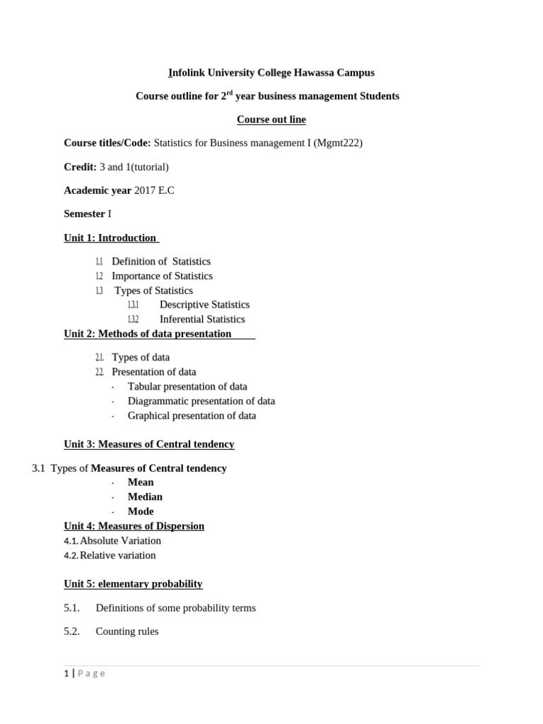 Statistics Course Outline for Business Management | PDF