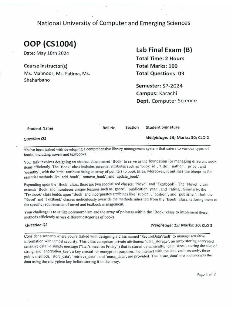 OOP Lab Final Spring'24 Section J Paper II (1) | PDF