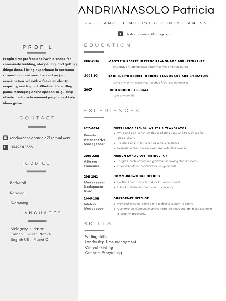 CV Patricia | PDF | Madagascar | Human Communication