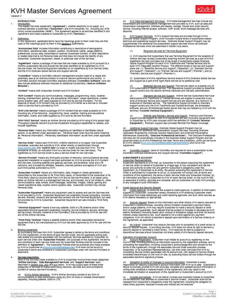 KVH Master Services Agreement Overview | PDF | Subscription Business ...