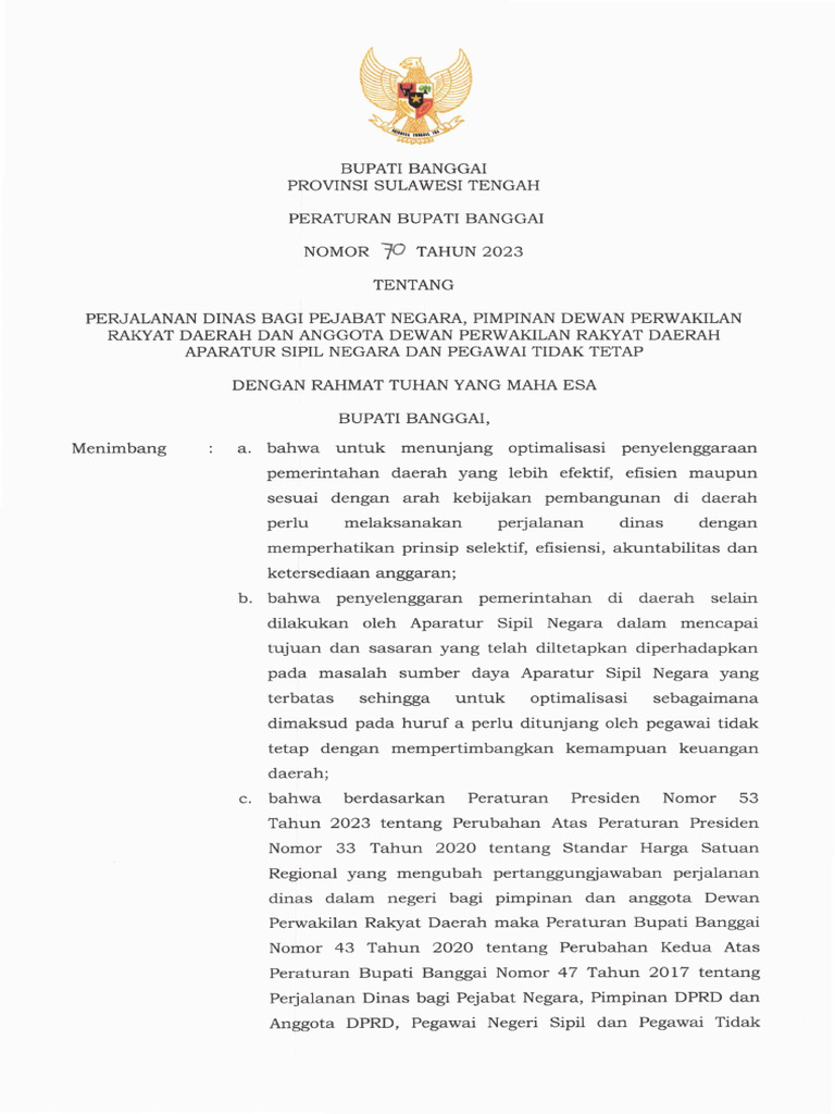 Perbub Perjadin Nomor 70 Tahun 2023 | PDF
