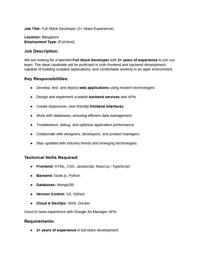 Job Title - Full Stack Developer (2+ Years Experience) | PDF