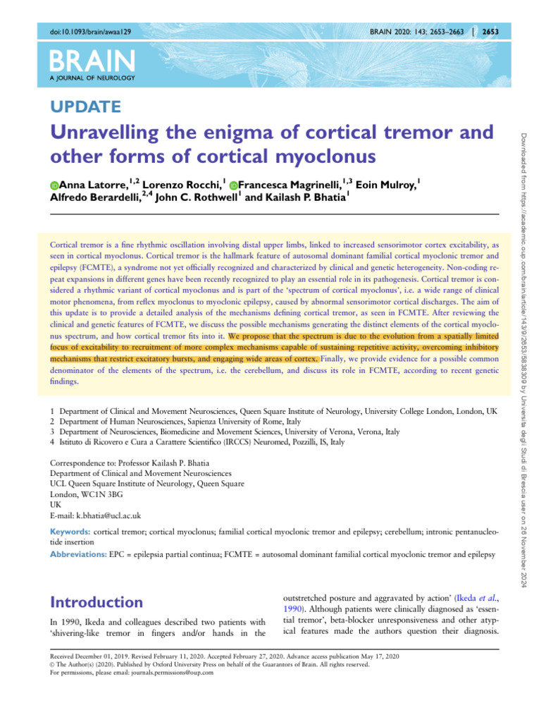 Unravelling The Enigma of Cortical Tremor and Other Forms of Cortical Myoclonus | PDF | Cerebral ...