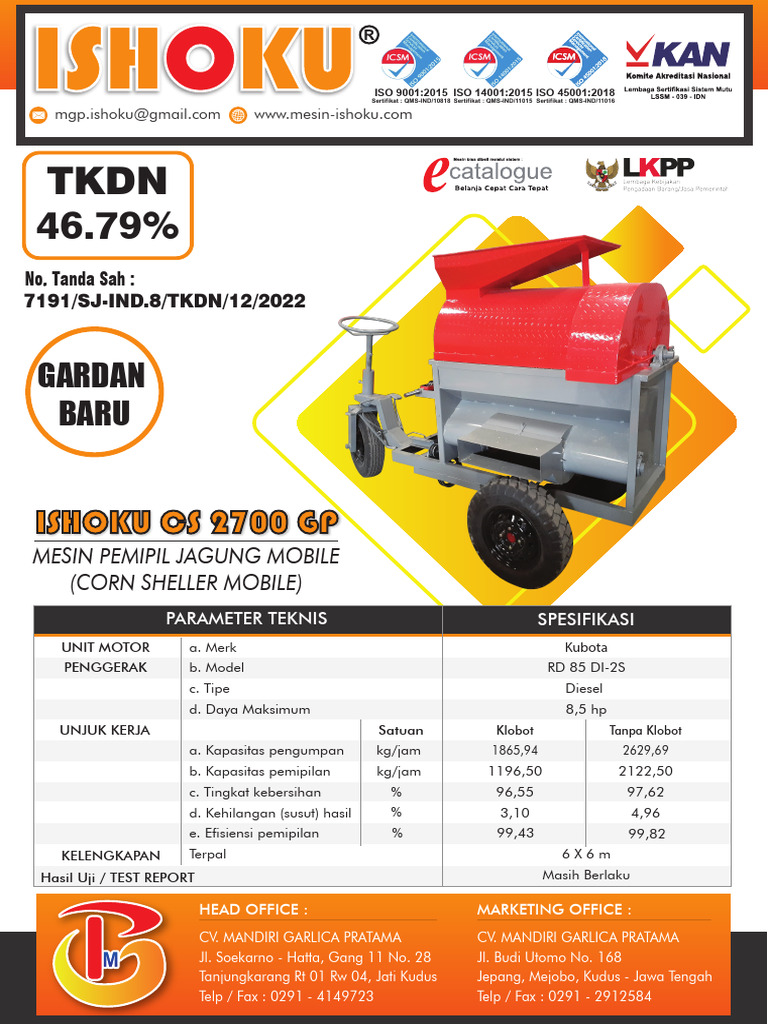 Mesin Pemipil Jagung Mobile ISHOKU CS 2700 | PDF