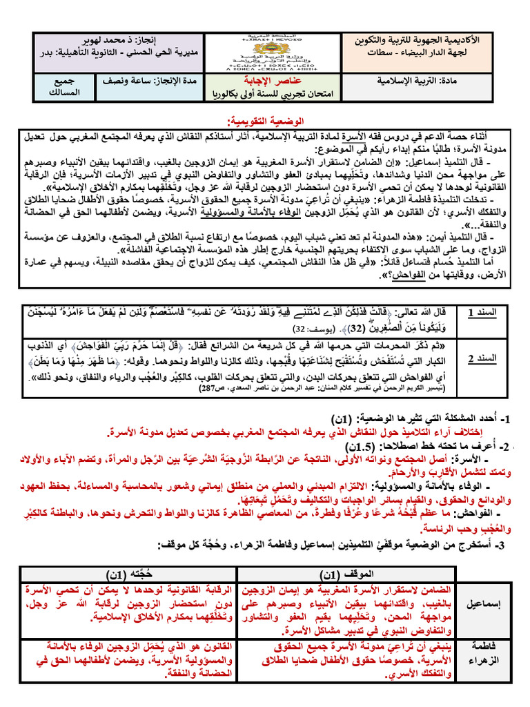 محمد لهوير، عناصر الإجابة للامتحان التجريبي مدونة الأسرة السنة أولى بكالوريا Histoire Geo 1BAC | PDF