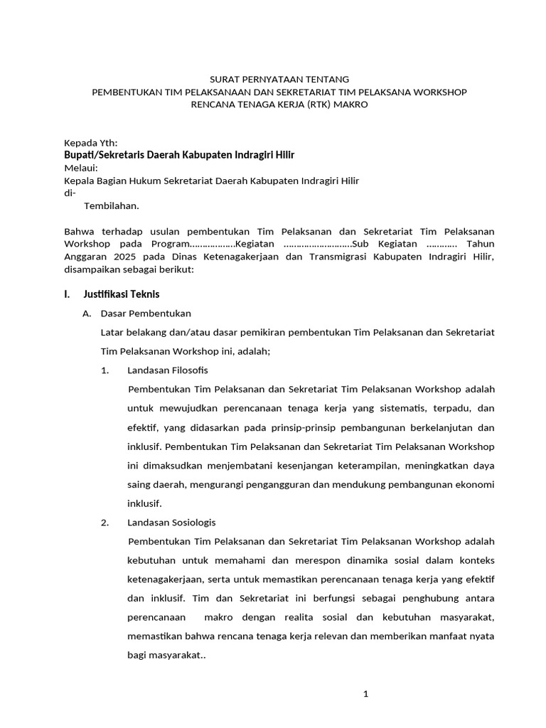 Surat Pernyataan Pembentukan Tim Pelaksanan Dan Sekretariat Tim ...