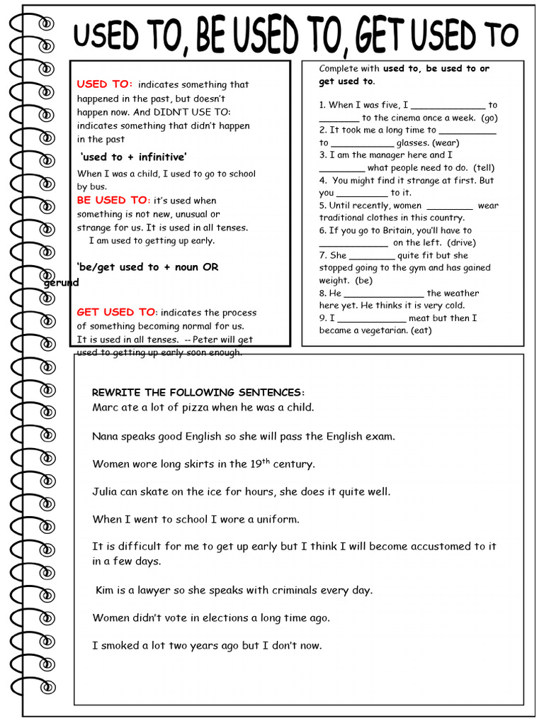 Used To, Be Used To, Get Used Exercises | PDF | Linguistic Typology | Language Mechanics