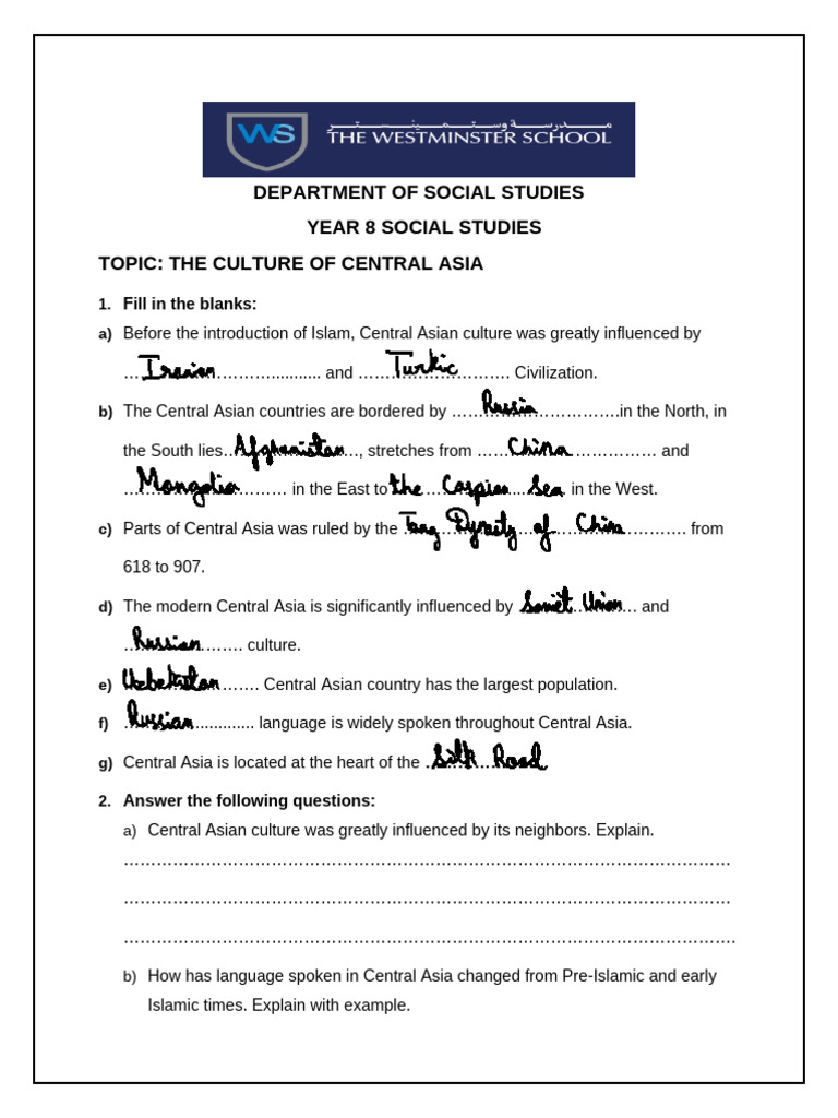 Yr8-The Culture of Central Asia - Worksheet | PDF