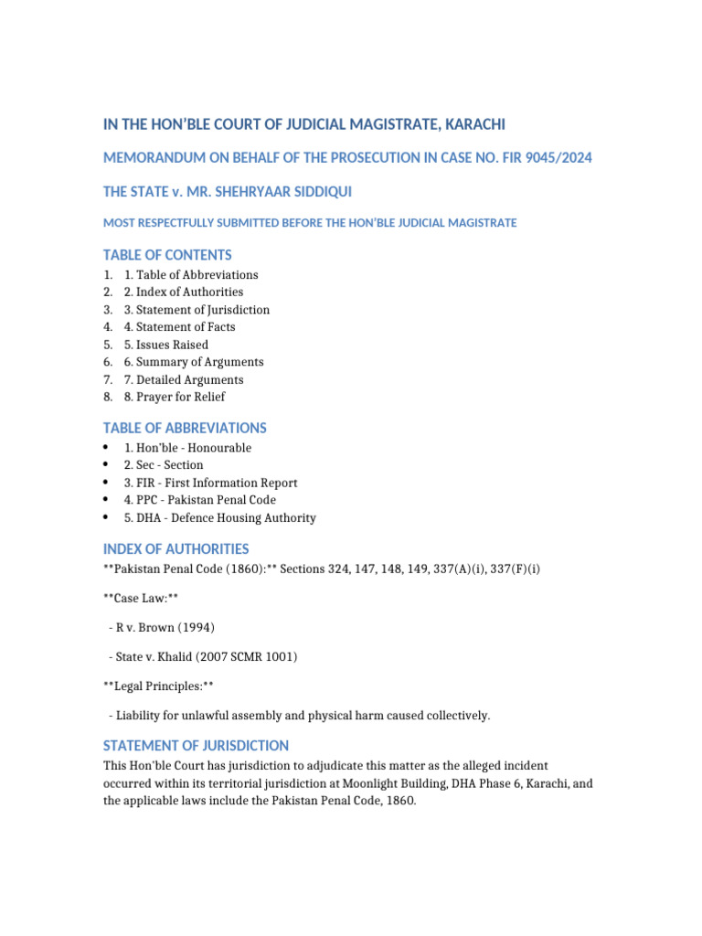 Prosecution Memorial Shehryaar | PDF | Assault | Aiding And Abetting