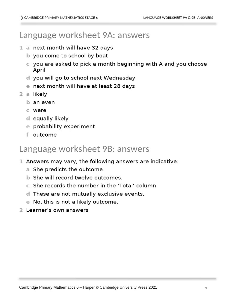 Prim Maths 6 2ed TR Lang Ws Answers 9 | PDF