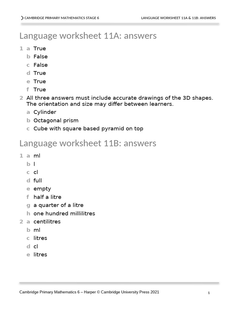 Prim Maths 6 2ed TR Lang Ws Answers 11 | PDF