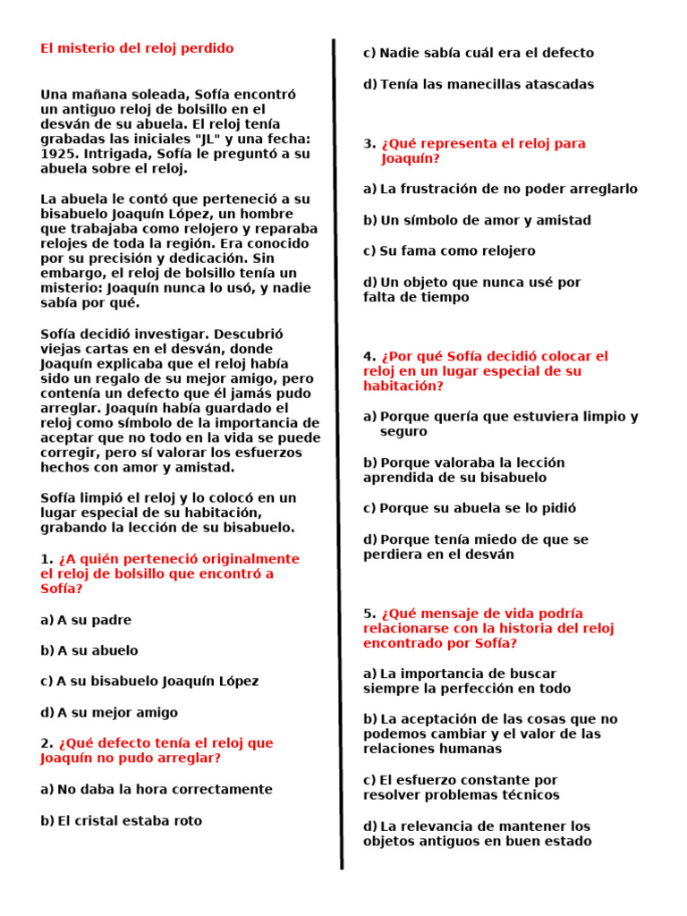 Lectura Diagnóstica 4° El Misterio Del Reloj Perdido | PDF | Reloj