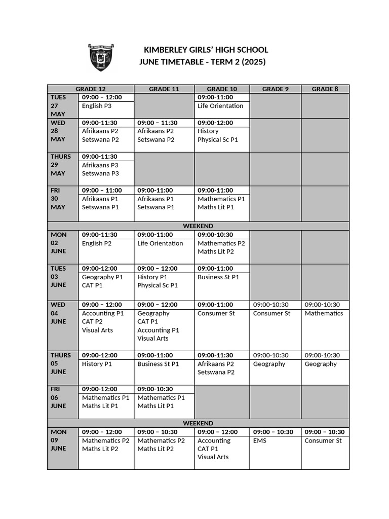 June 2025 Exam Timetable for Grades 8-12 | PDF