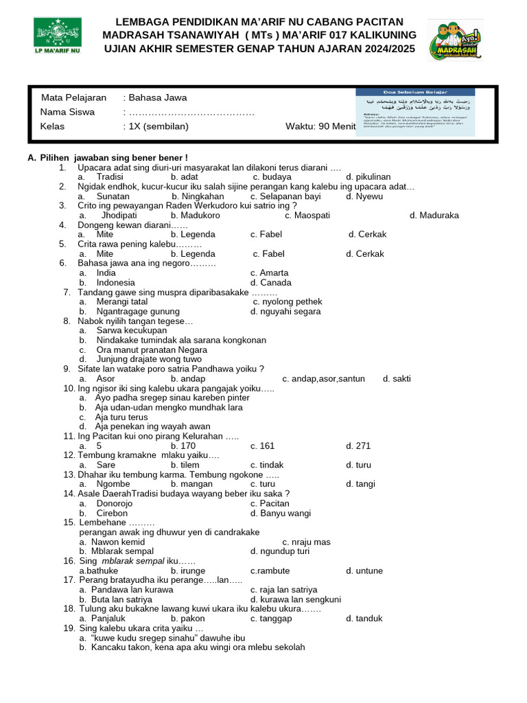 SOAL BAHASA JAWA UTS dan UAS 2025 | PDF