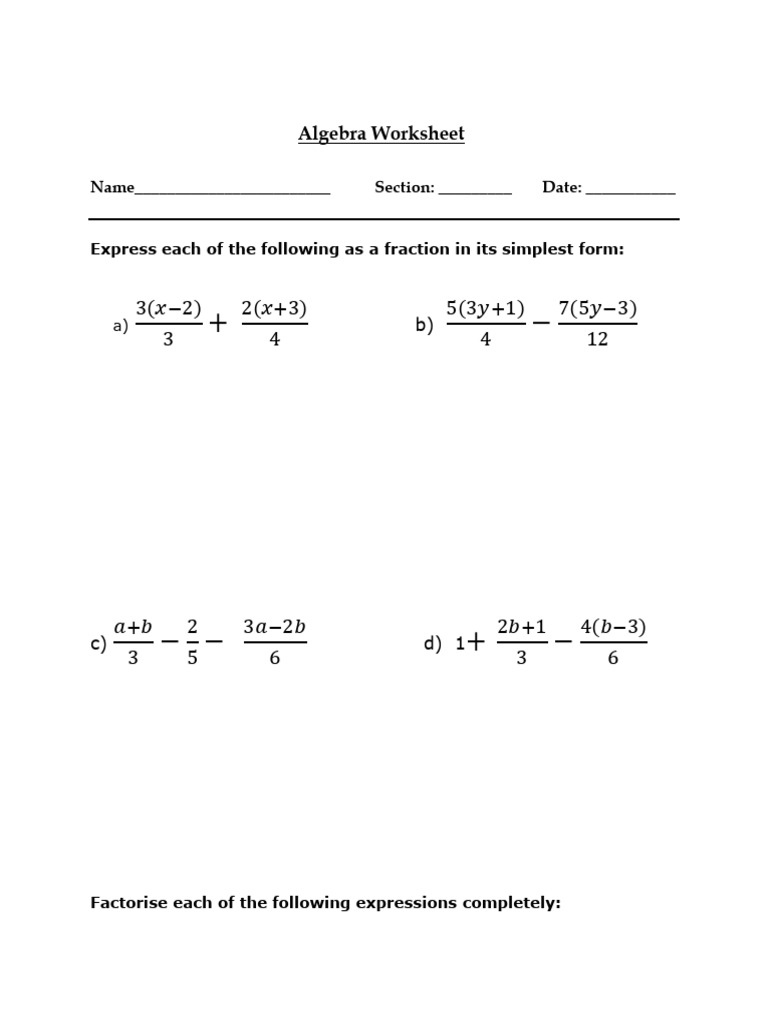 Algebra Expressions Review Worksheet For Grade 6 and 7 | PDF
