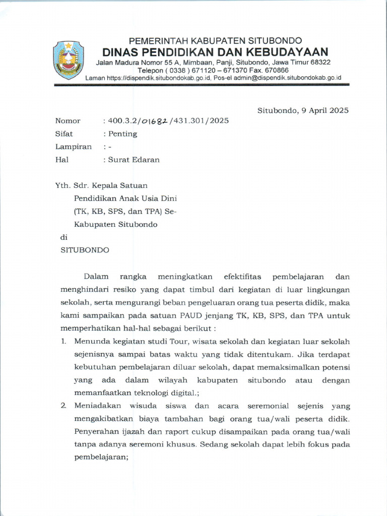 SURAT EDARAN KEBIJAKAN STUDY TOUR SEKOLAH | PDF