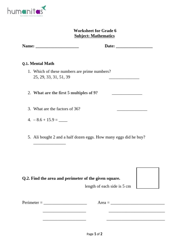 Grade 6 Math Review Worksheet | PDF