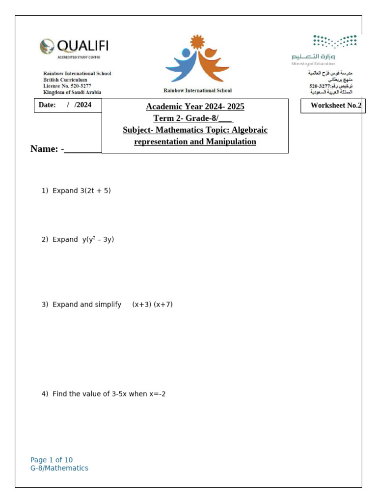 Grade 8 Algebra Worksheet | PDF