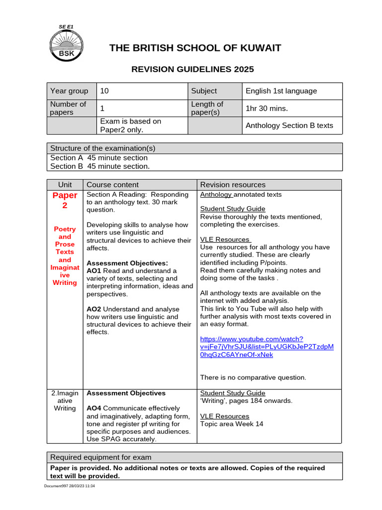Se E1 2025 Summer Exam Revision Guidelines Pdf Linguistics Learning