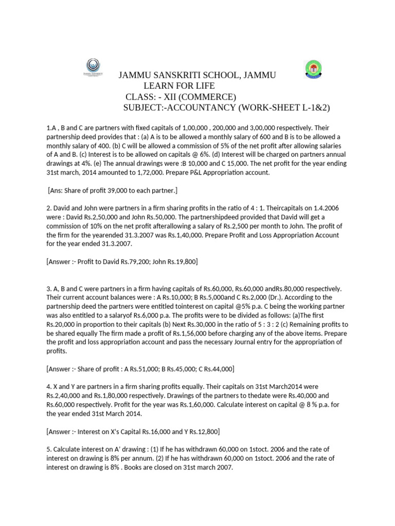 Accountancy Worksheet (XII) L-1 & 2 | PDF | Goodwill (Accounting ...