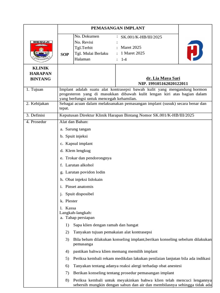 001 Sop Pemasangan Implant | PDF