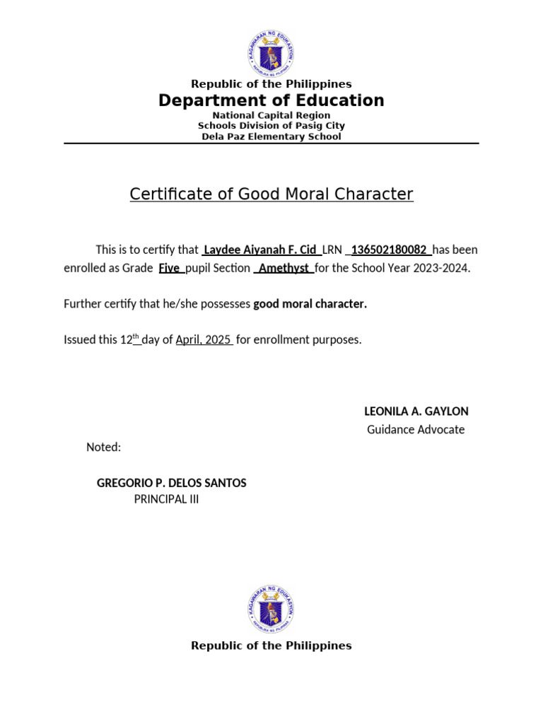 Certificate-Of-Good Moral Character - Cid SIBLINGS | PDF