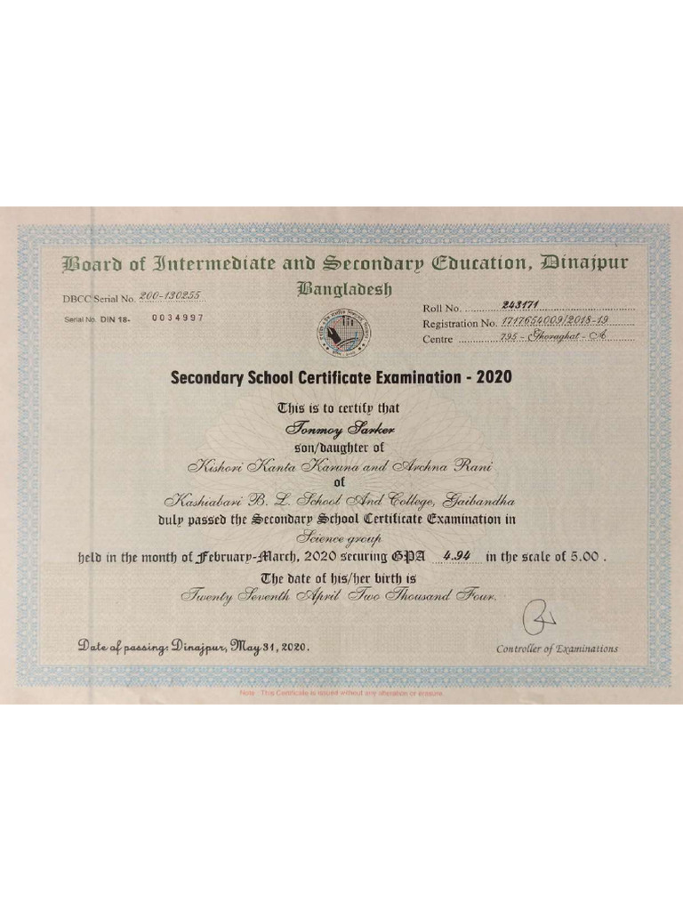 SSC Certificate | PDF