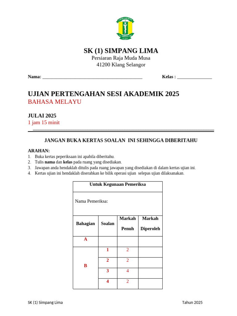 Muka Depan UPSA Tahun 2025 | PDF