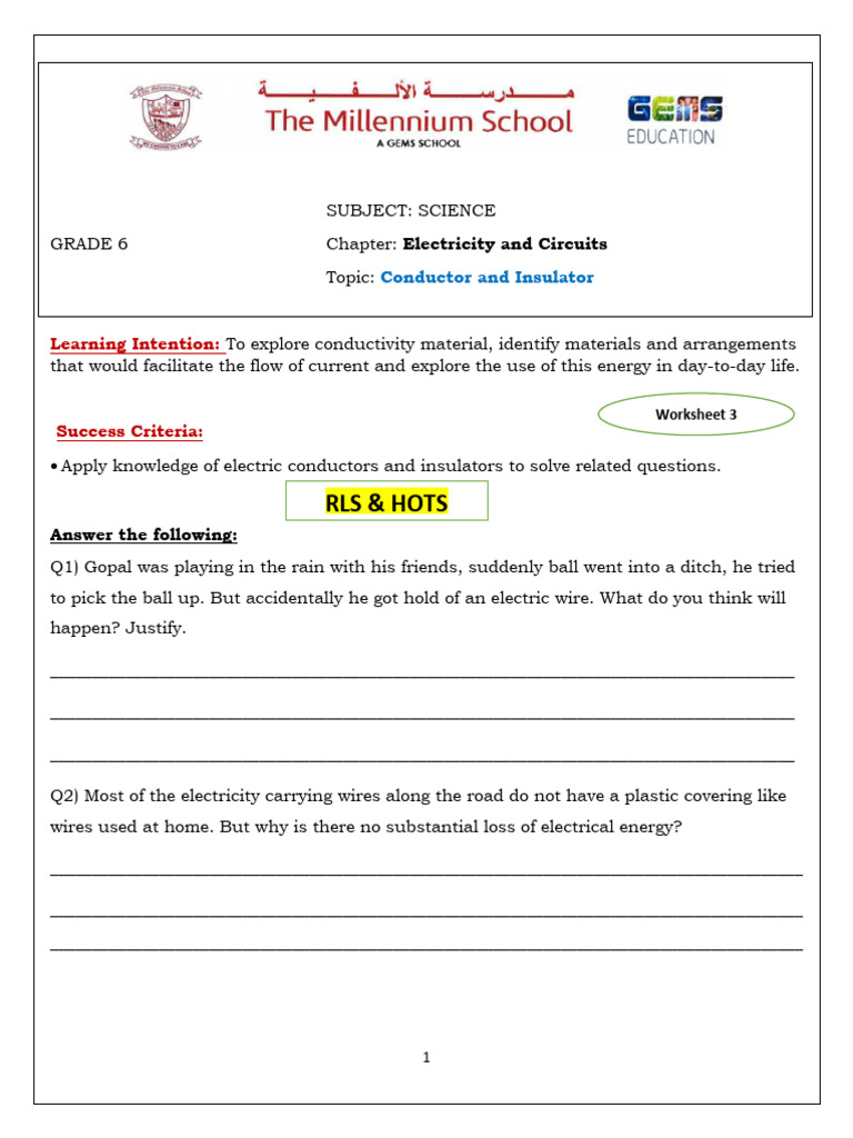 Conductors and Insulators Worksheet | PDF | Insulator (Electricity ...
