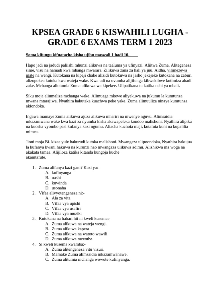 Kepsea Grade 6 Kiswahili Lugha | PDF